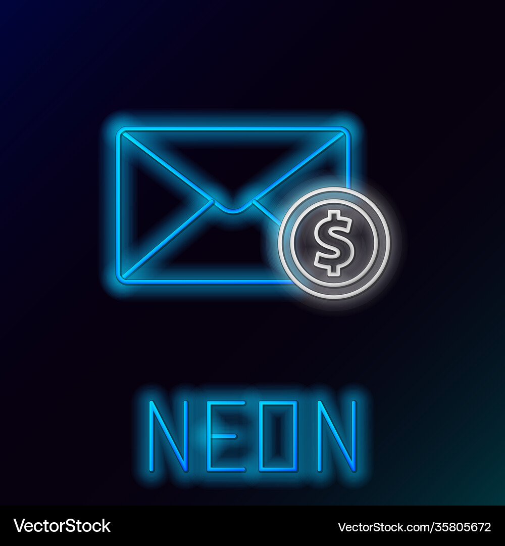 Glowing neon line envelope with coin dollar symbol