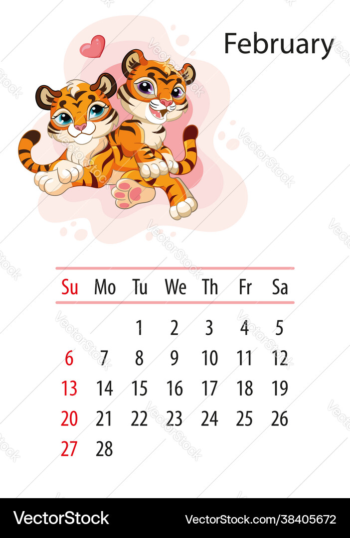 Tiger wall calendar design template for february Vector Image