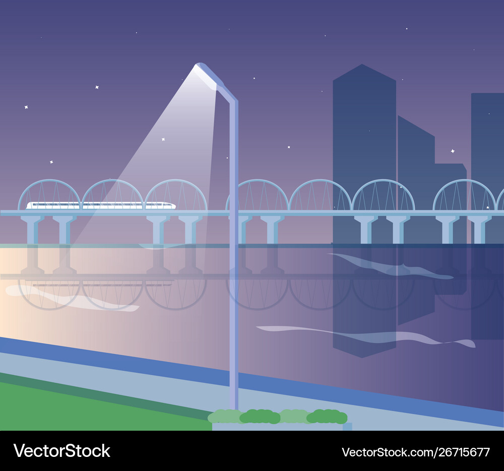 Cityscape buildings scene night with bridge Vector Image