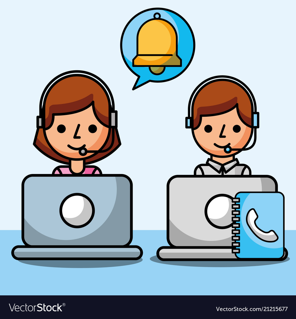 Operator woman and man using laptop customer Vector Image