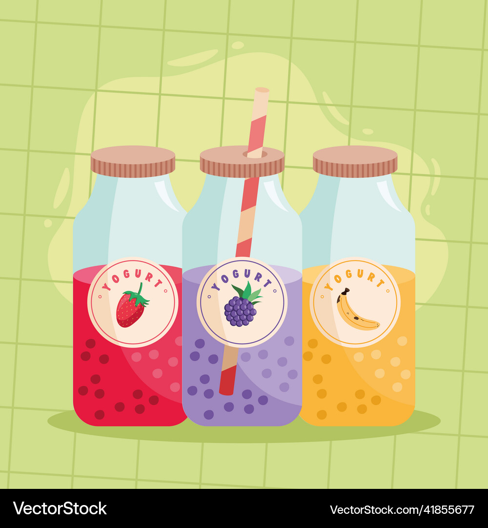Thre flavors yogurts bottles Royalty Free Vector Image