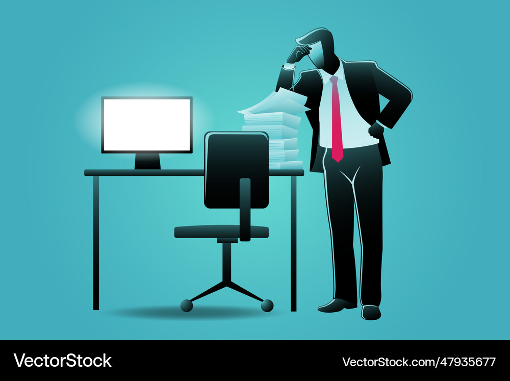 Tired businessman standing in computer desk Vector Image