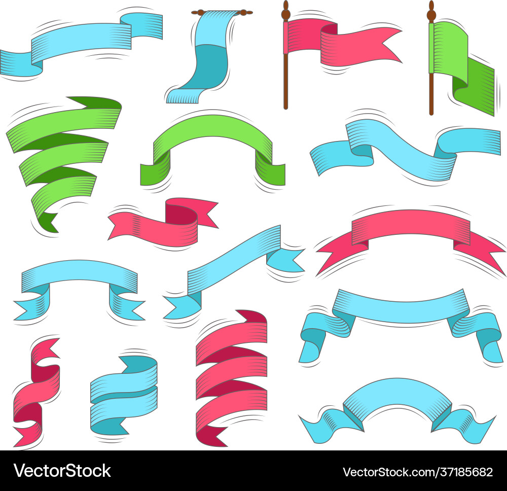 Colorful flags curly ribbons banners various Vector Image