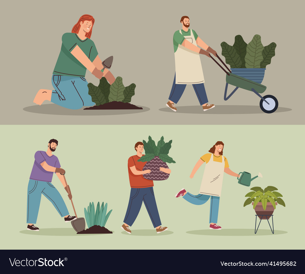 Five gardeners workers characters Royalty Free Vector Image Five gardeners workers characters Royalty Free Vector Image