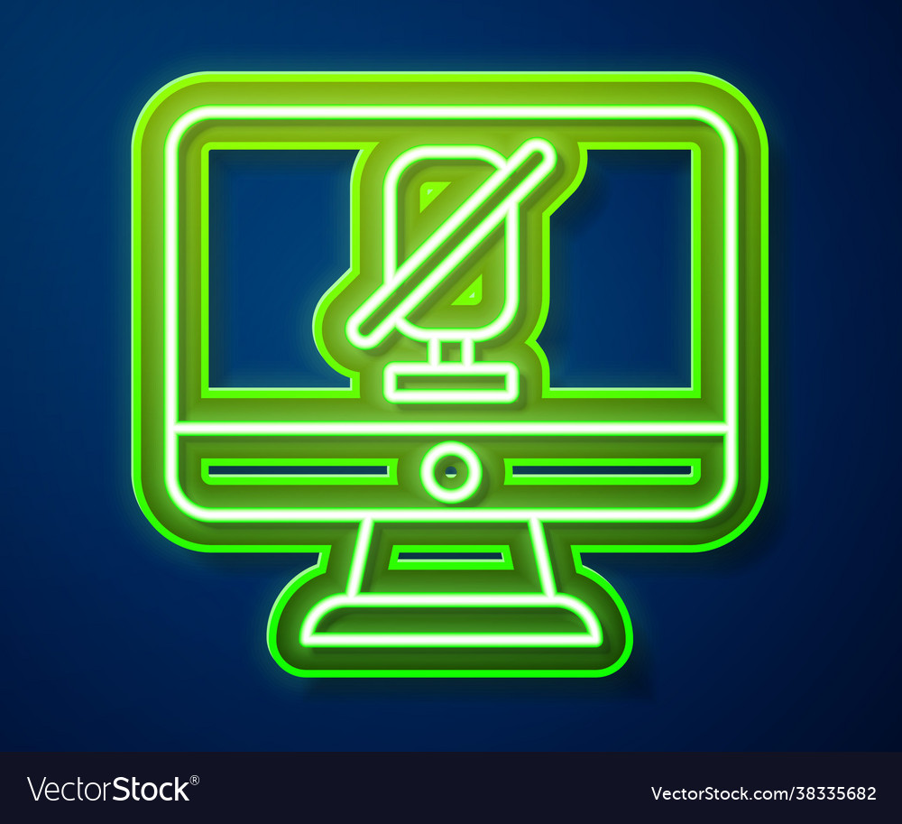 Glowing neon line mute microphone on computer icon Glowing neon line mute microphone on computer icon