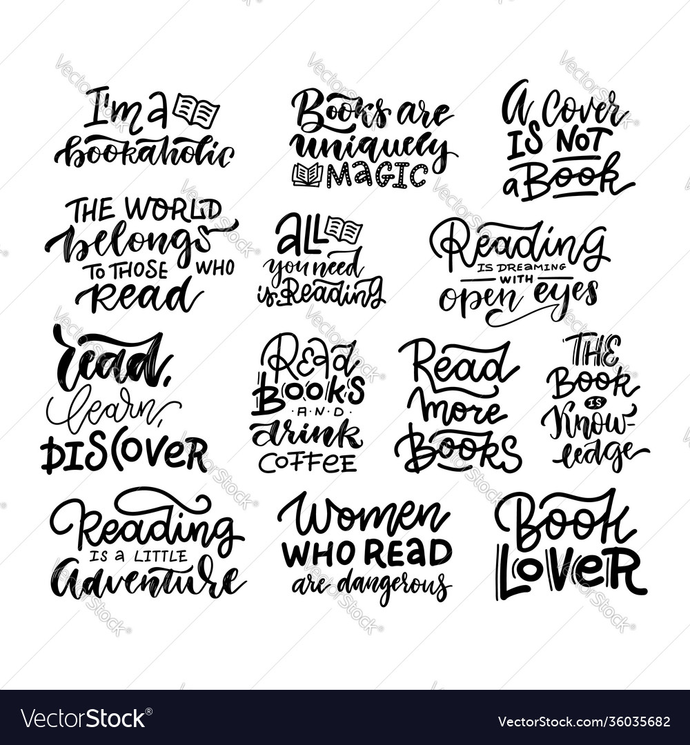 Love Reading Book Lettering Phrases Set Royalty Free Vector