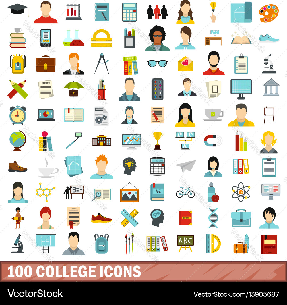 100 college icons set flat style Royalty Free Vector Image