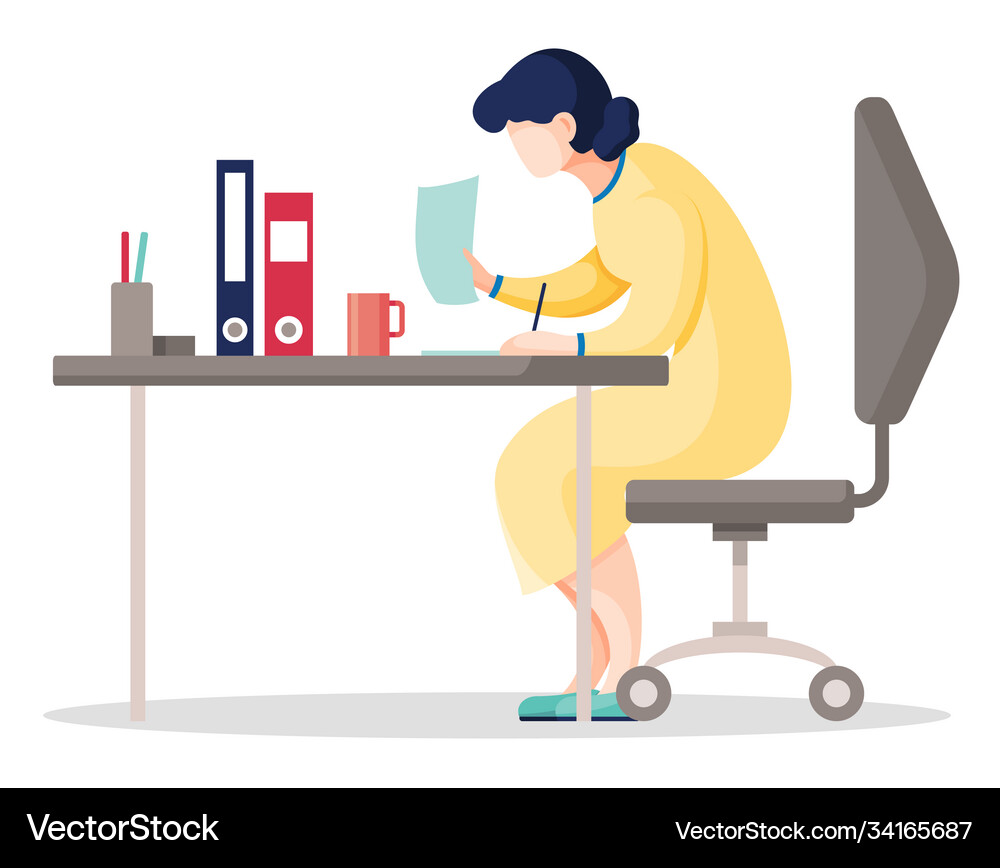 Cartoon woman search data in documents sitting Vector Image