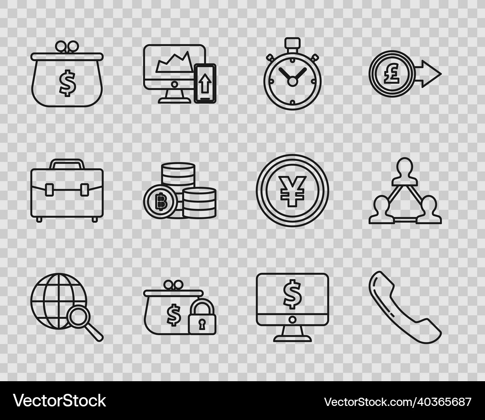 Set line magnifying glass with globe telephone Vector Image