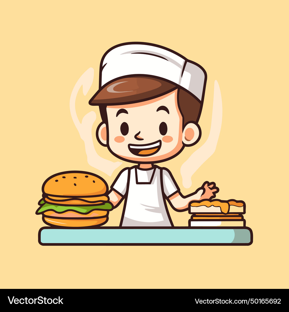 Chef boy with hamburger cheerful cartoon Vector Image