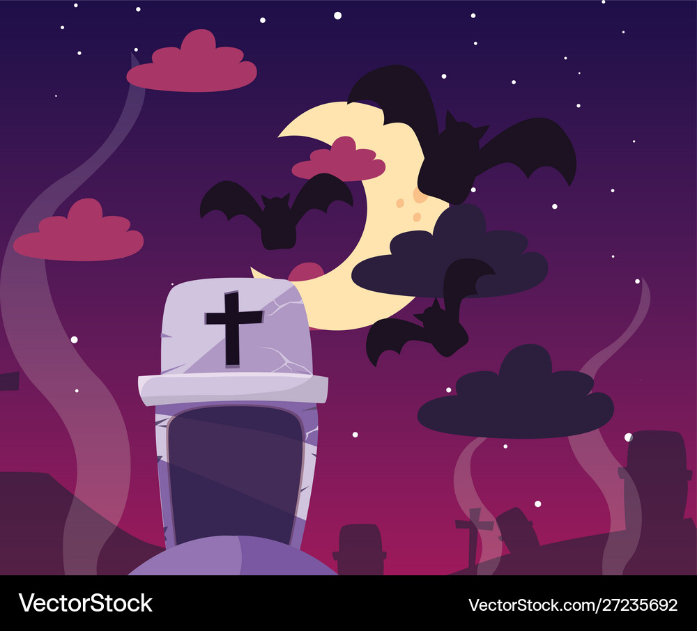 Graveyard tombstone with moon in scene Royalty Free Vector