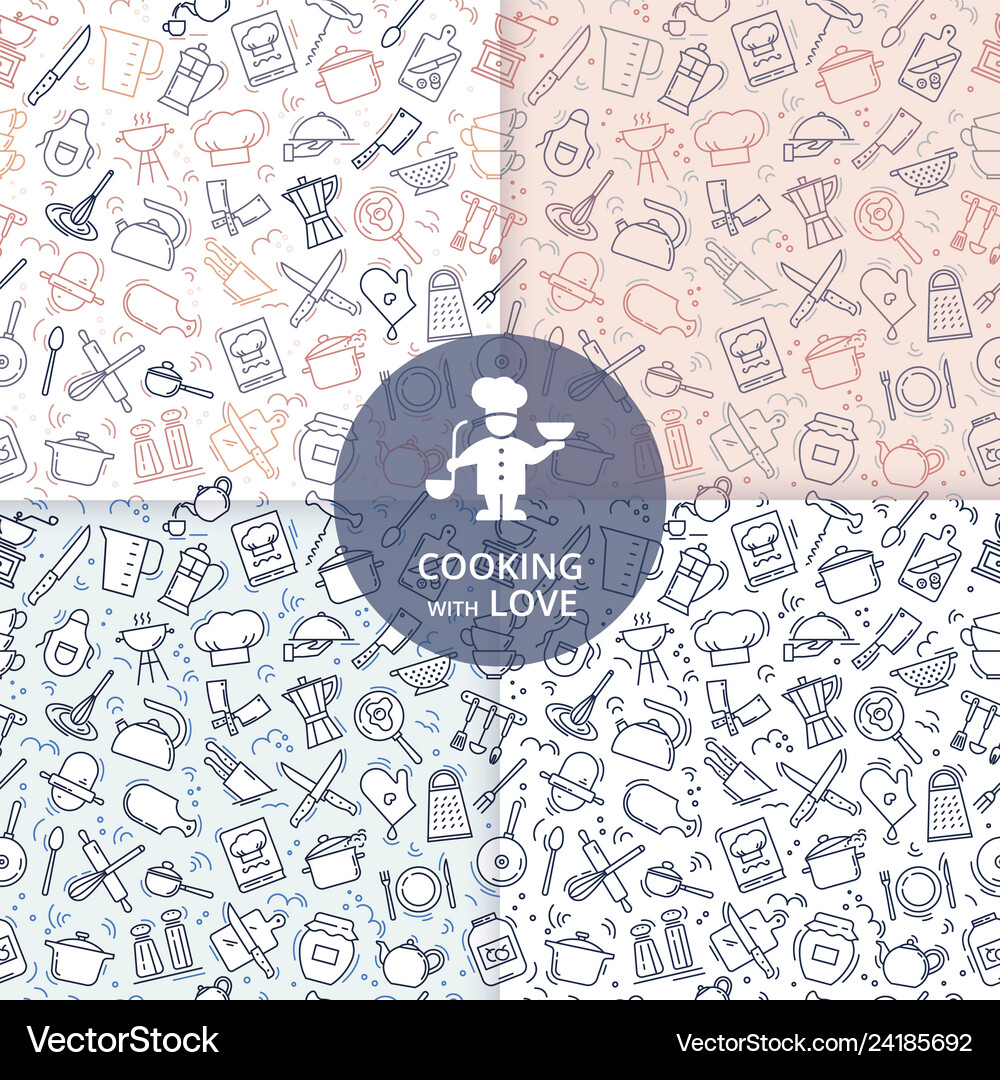 Set of four seamless patterns on the kitchen theme