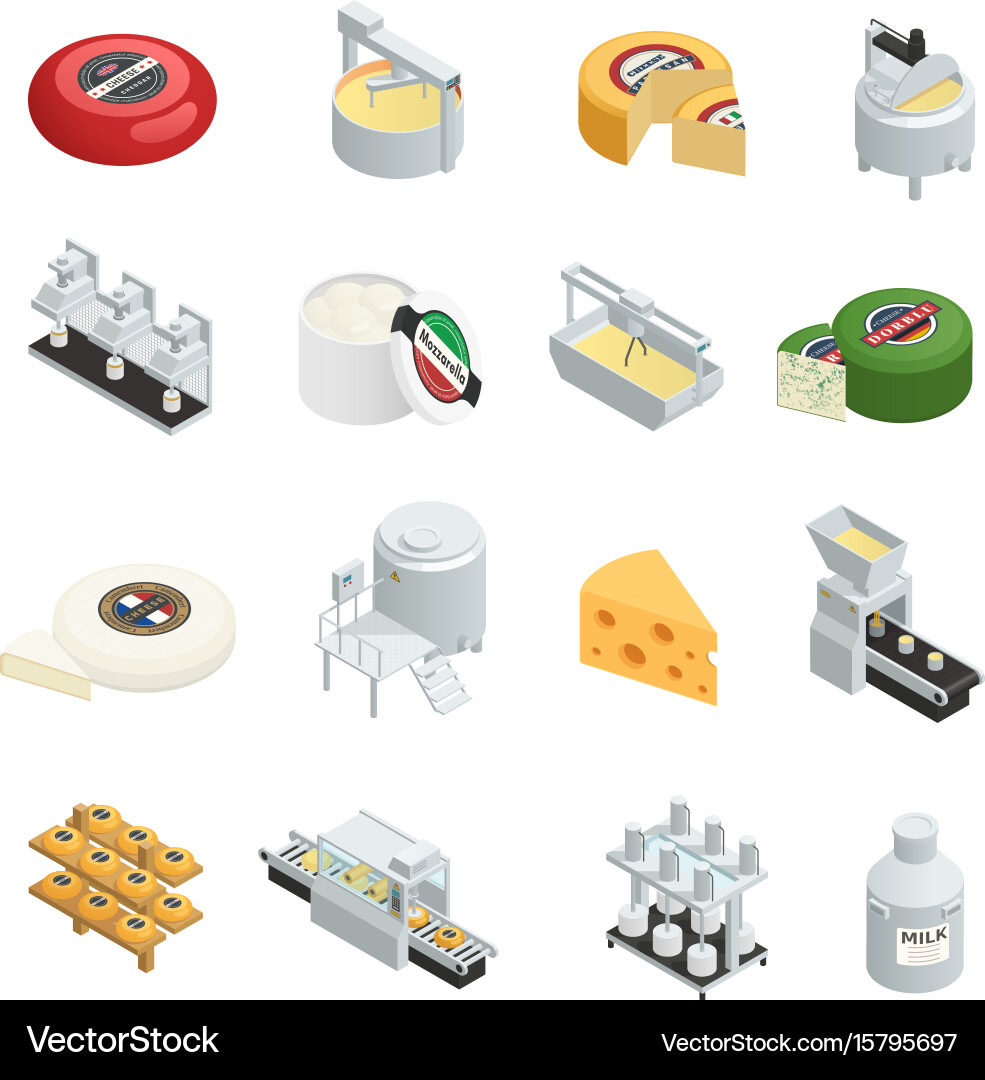 Cheese production isometric icons collection Vector Image