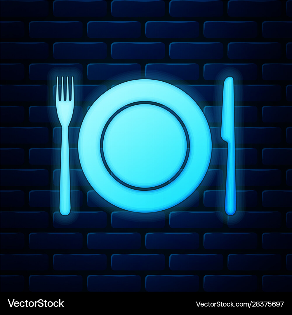 Glowing neon plate fork and knife icon isolated Vector Image
