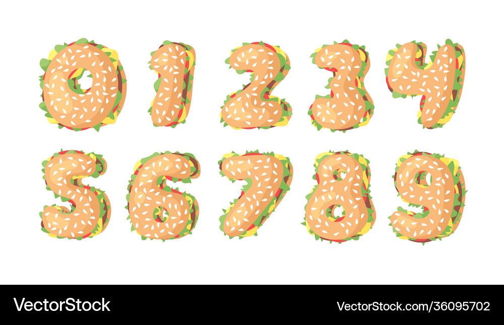 Hand drawn cartoon burger alphabet numbers fast Vector Image