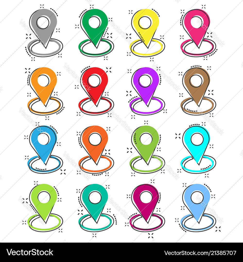 Cartoon set pin location icon in comic style Vector Image