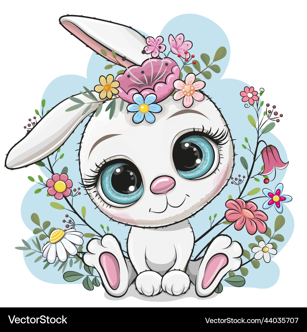Cartoon white rabbit with flowers and branches Vector Image
