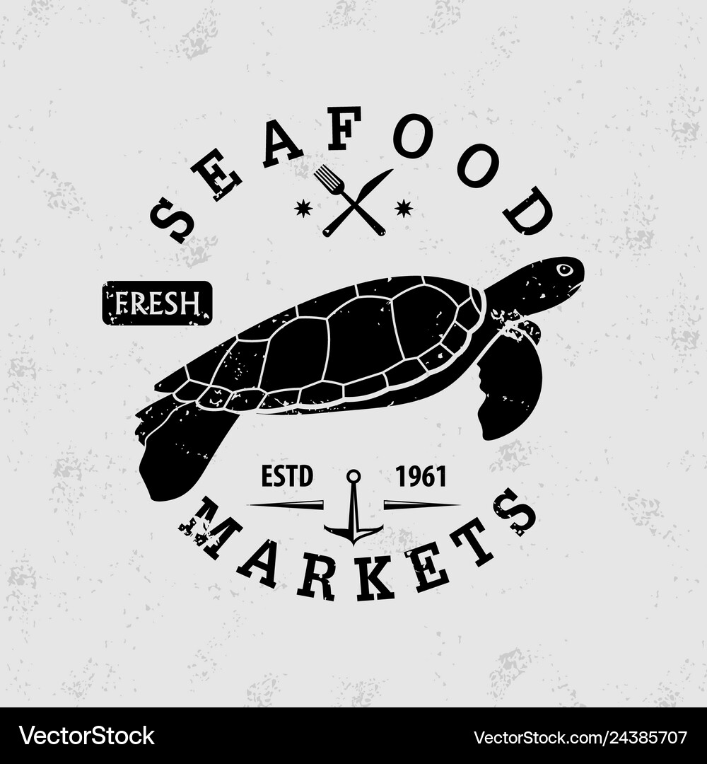 Seafood restaurant logo with sea turtle Royalty Free Vector