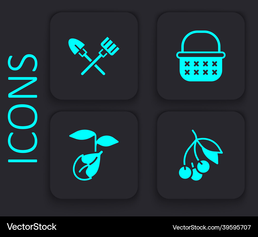 Set fresh berries shovel and rake wicker basket Vector Image