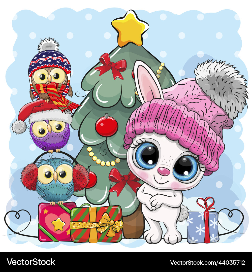 Cartoon white rabbit and three cute owls Vector Image