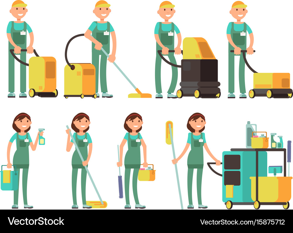 Cleaner characters with cleaning equipment Vector Image