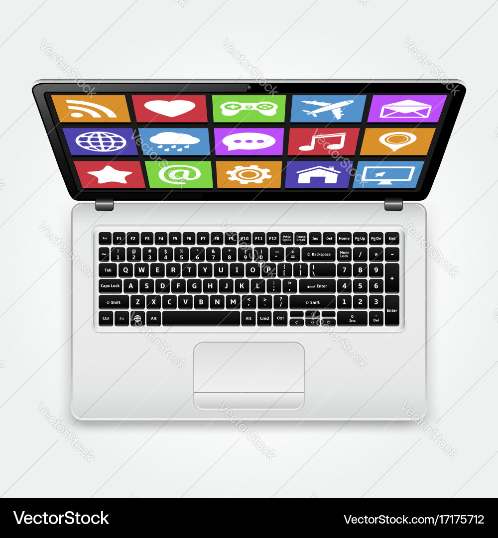 Laptop with icons top view Royalty Free Vector Image