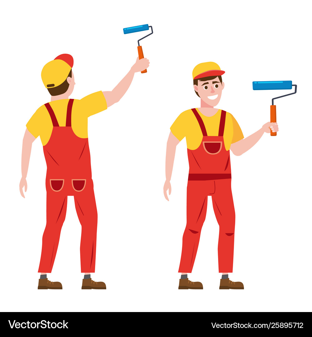 Painter man paints wall is holding a paint Vector Image