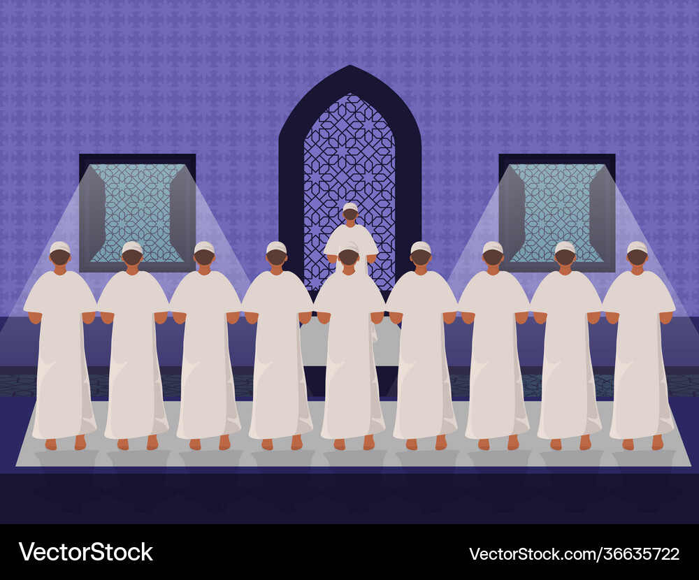 Crowd muslim worshippers praying salah facing Vector Image
