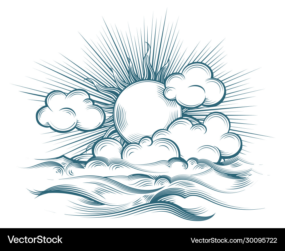 Hand drawn sun and sea engraving Royalty Free Vector Image