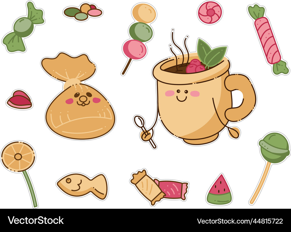Tea and candies characters sticker set cute tea Vector Image