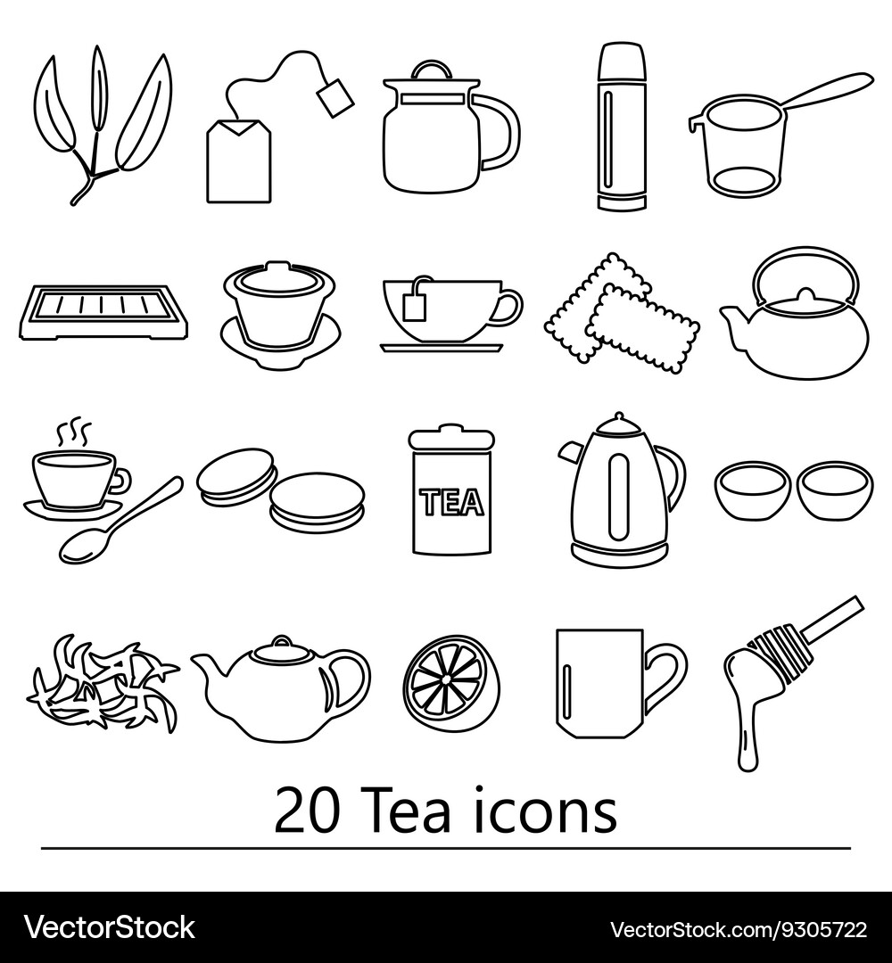 Tea theme black simple outline icons set eps10 Vector Image