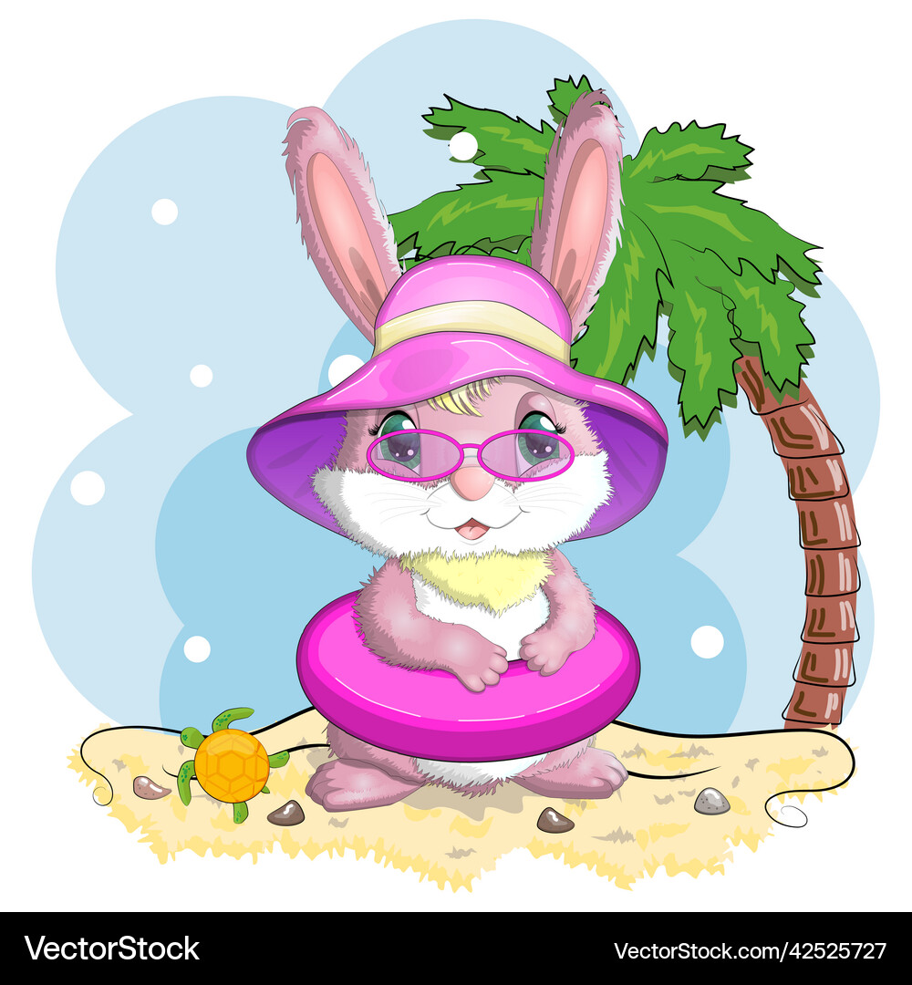 Cute rabbit hare in a summer hat and swim ring Vector Image