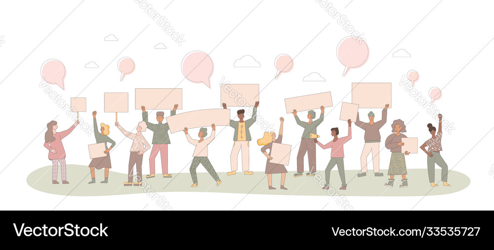 Protest group men and women with banners Vector Image