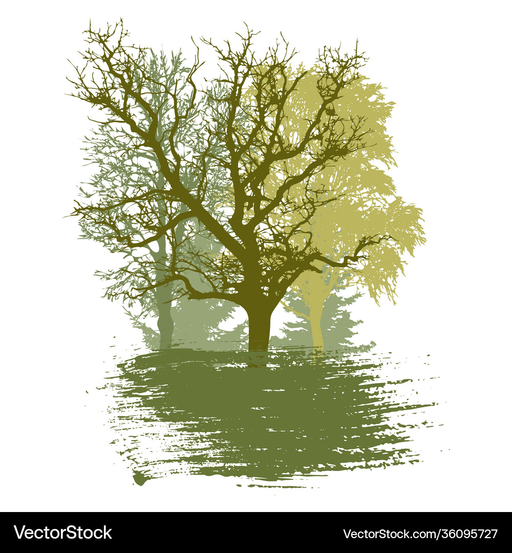 Spring trees and smear brush logo badge Royalty Free Vector