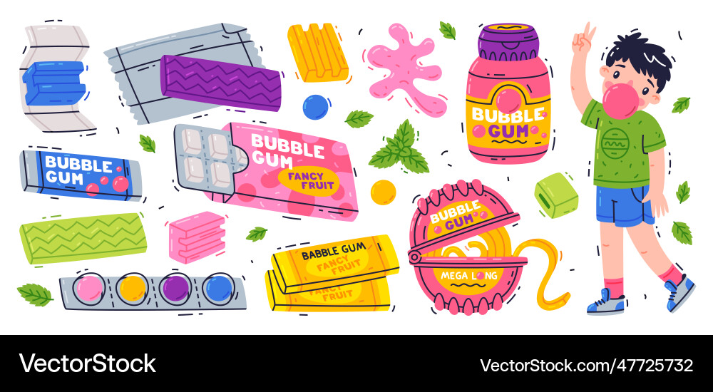 Bubble gum and sweet chewing gum set Royalty Free Vector