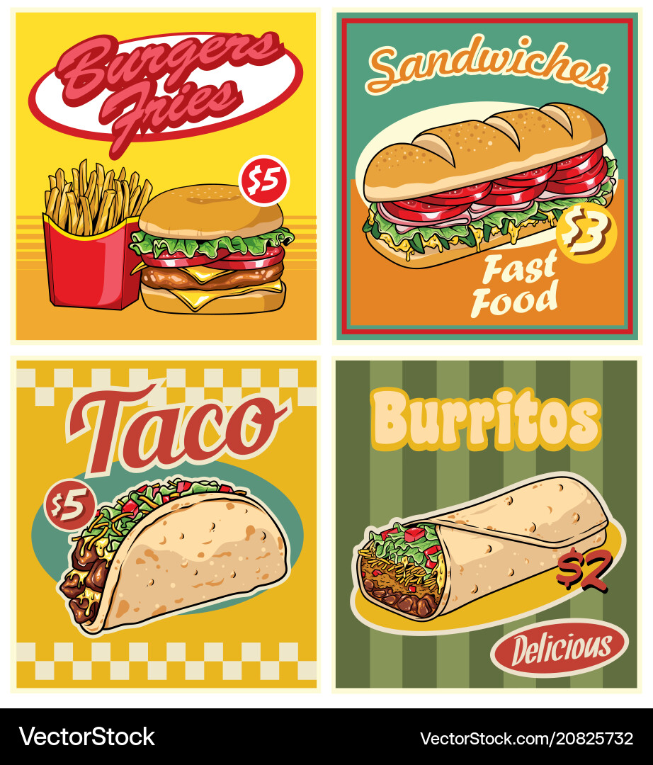 Fast food design in retro style set Royalty Free Vector
