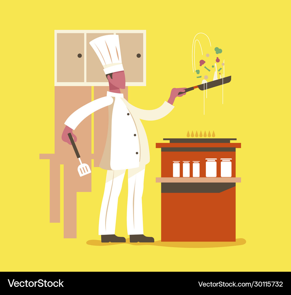 Professional chef cooks flambe style Royalty Free Vector