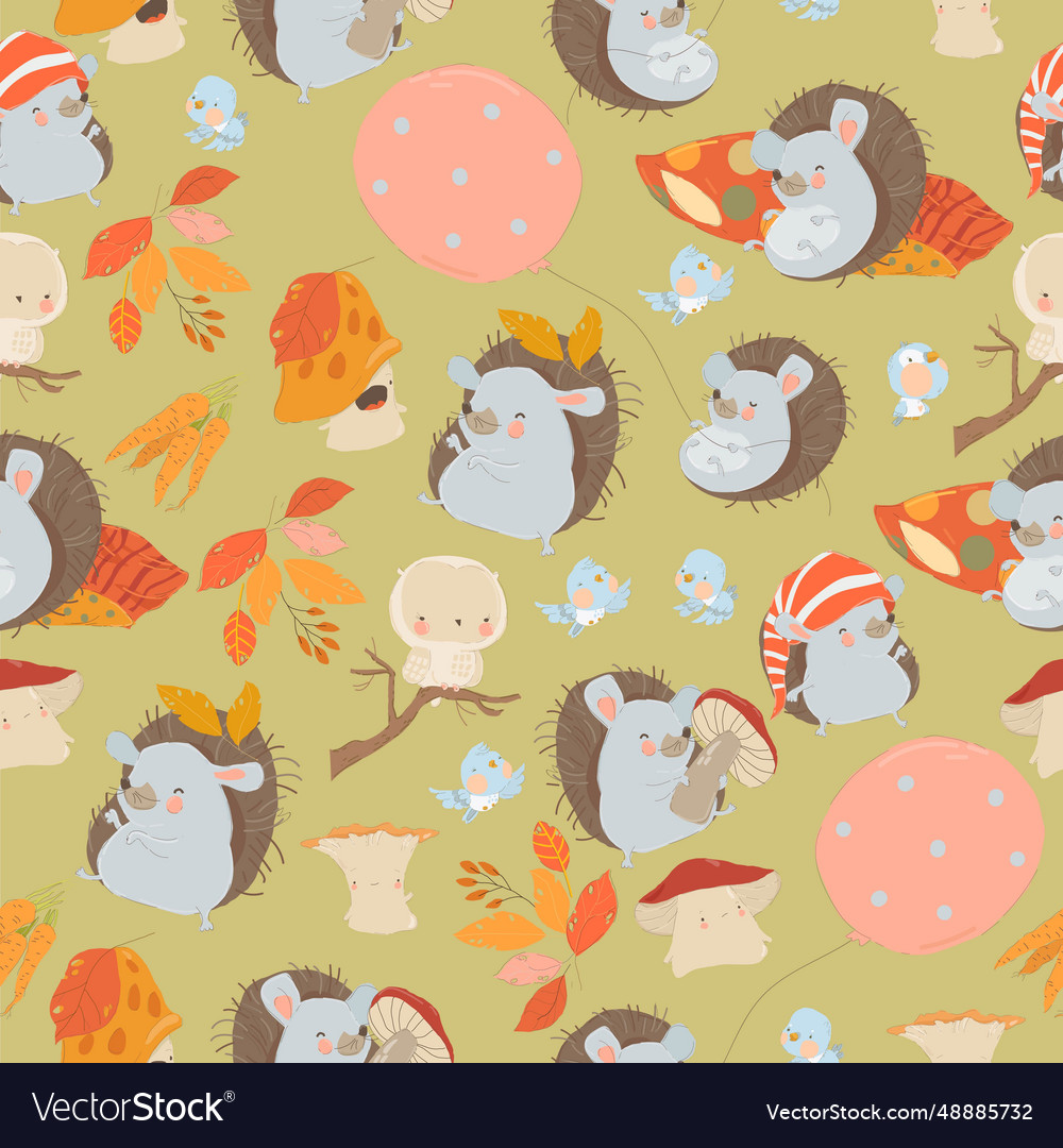 Seamless pattern with cute hedgehogs mushrooms Vector Image