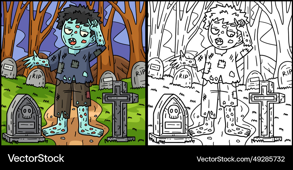 Zombie in a cemetery coloring page Royalty Free Vector Image
