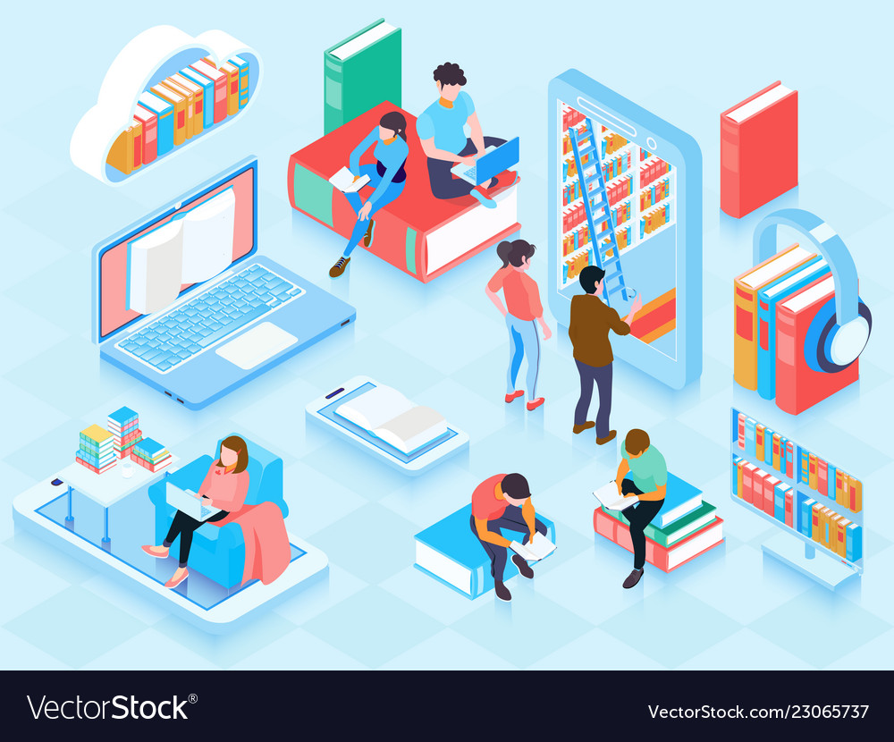 Online Library Isometric Elements Composition Vector Image online-library-isometric-elements-composition-vector-image