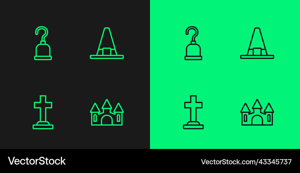 Set line castle tombstone with cross pirate hook Vector Image