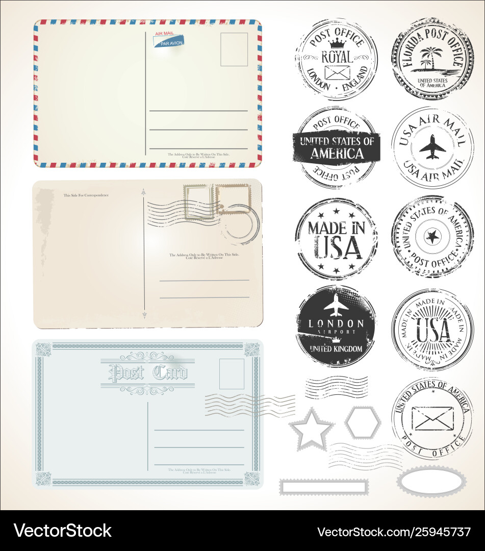 Set postal stamps and post cards on white Vector Image