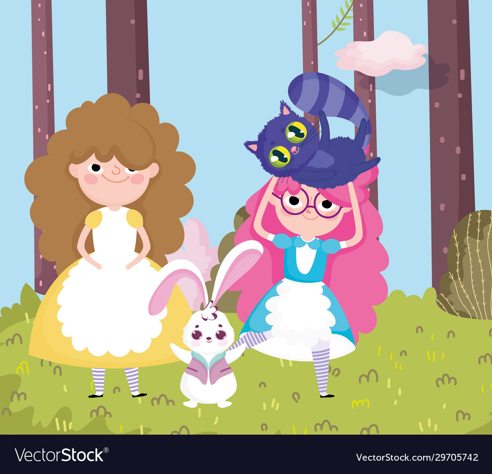 Girls and rabbit grass tree forest nature Vector Image