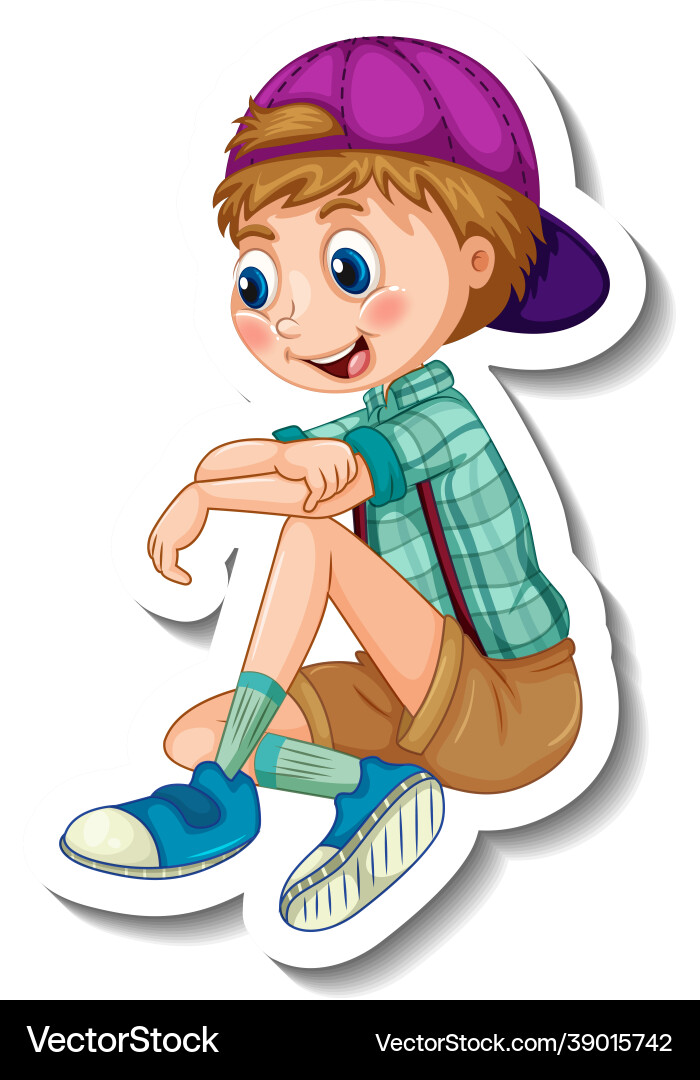 Sticker template with a boy in sitting position Vector Image