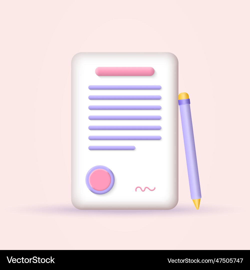 3d document icon contract or paper with signature Vector Image