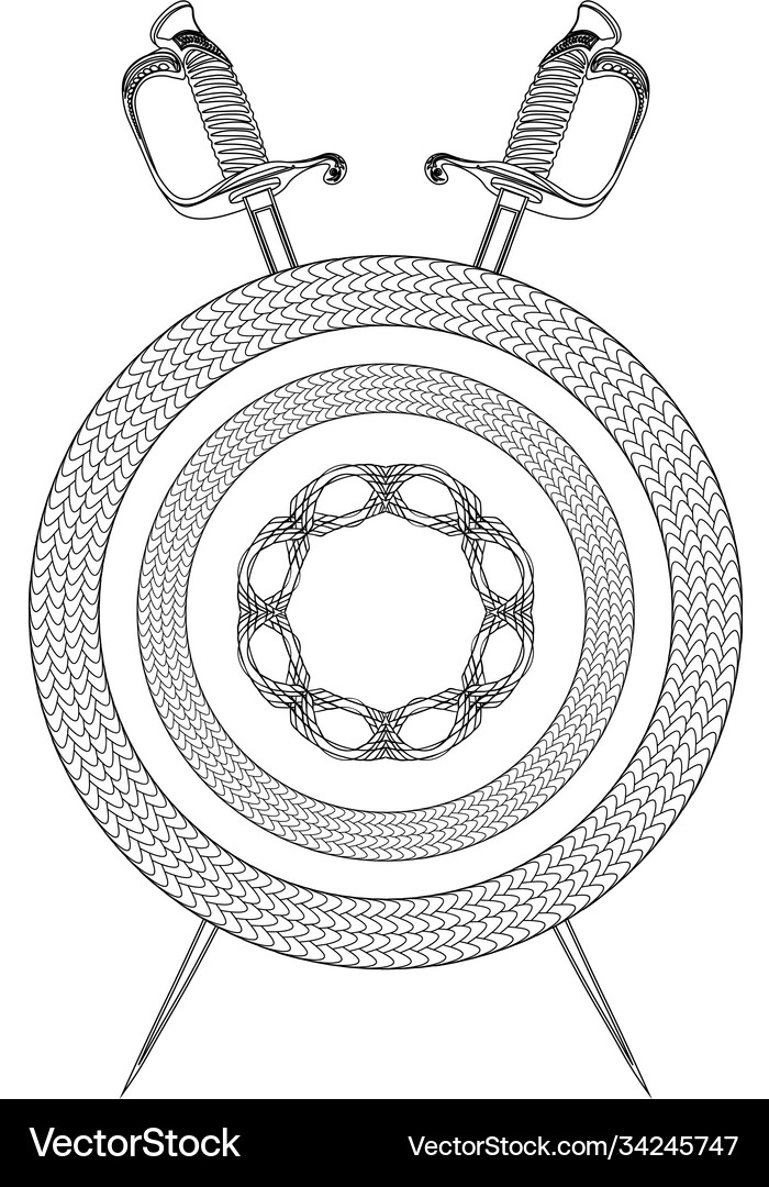Line art two crossed swords and shield Royalty Free Vector