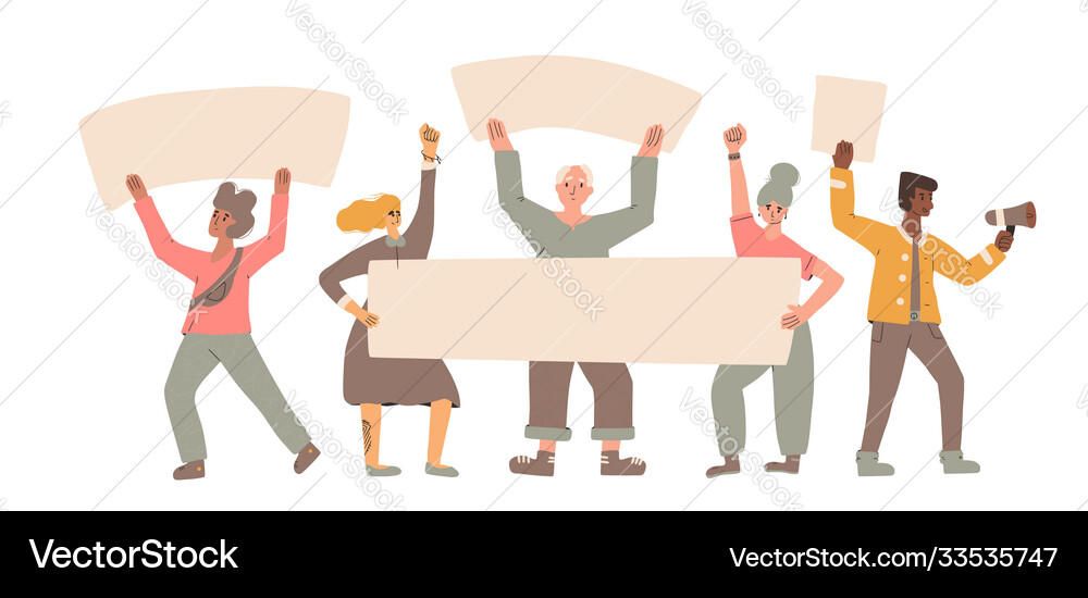 Protest group men and women with banners Vector Image