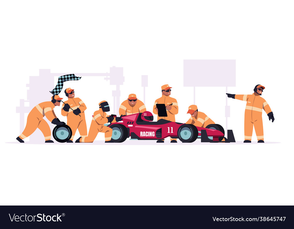 Racing crew cartoon pit stop team in uniform Vector Image Racing crew cartoon pit stop team in uniform Vector Image