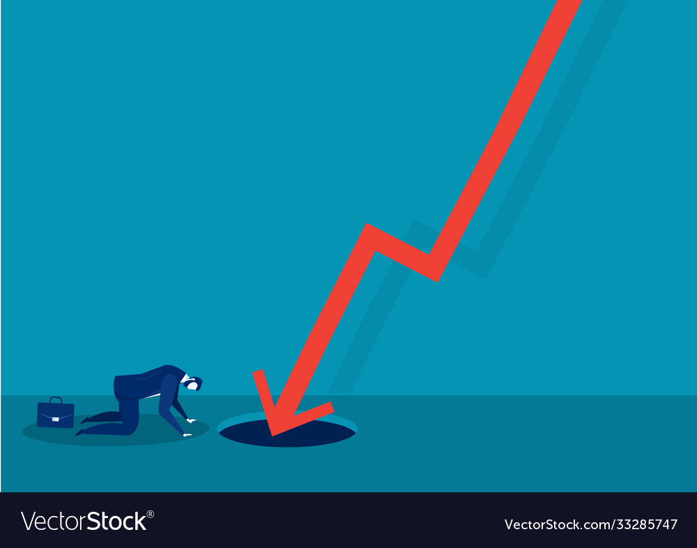 Sad businessman fail with falling down red arrow Vector Image
