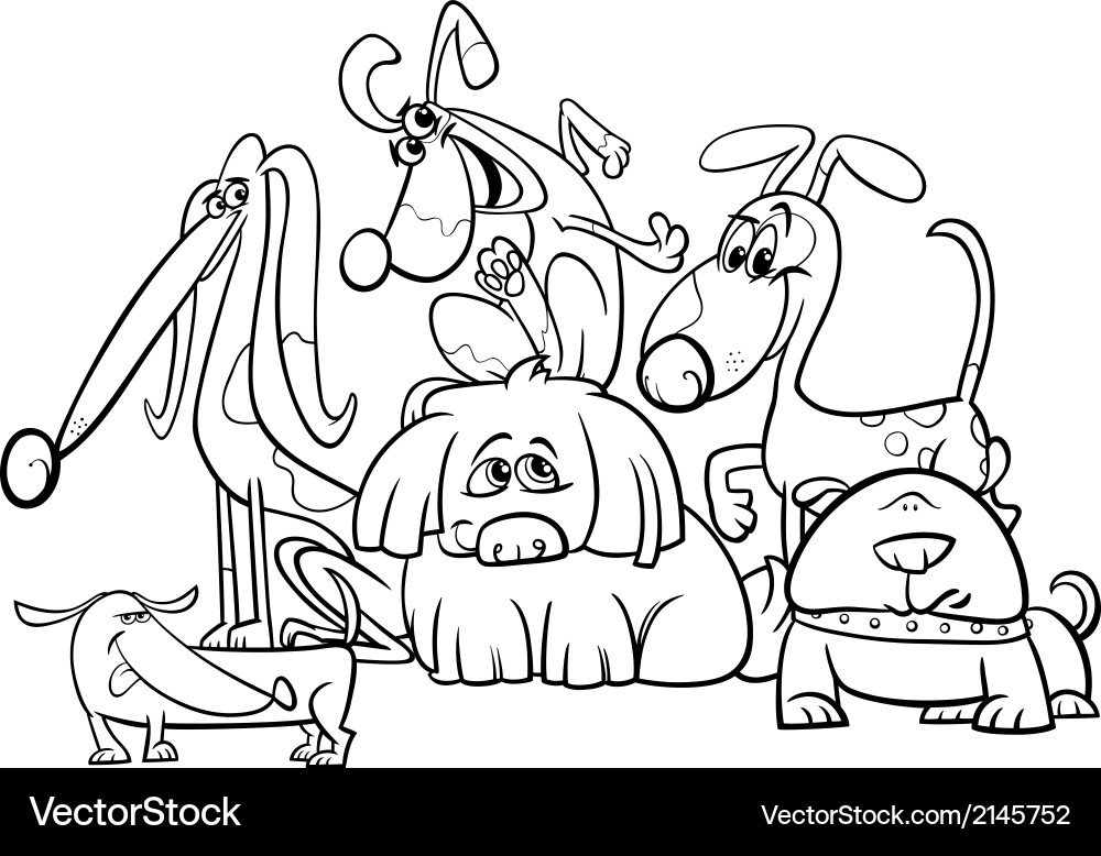 Cartoon dogs group coloring page Royalty Free Vector Image
